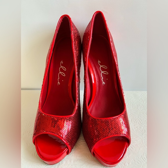Ellie | Shoes | New Ellie Brand Red Sequin Pumps Size 9 Open Toe Peep ...